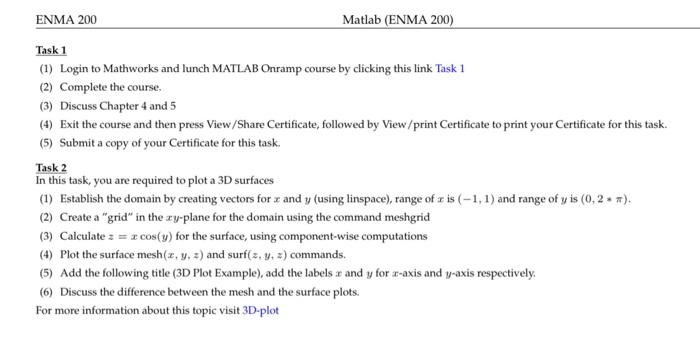 Solved Task 1 (1) Login to Mathworks and lunch MATLAB Onramp | Chegg.com