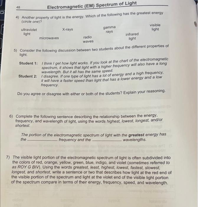 Solved Electromagnetic (EM) Spectrum of Light 47 Wavelength | Chegg.com