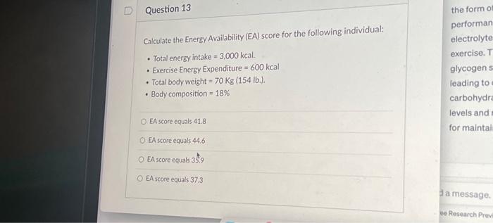 Solved Calculate the Energy Availability (EA) score for the | Chegg.com