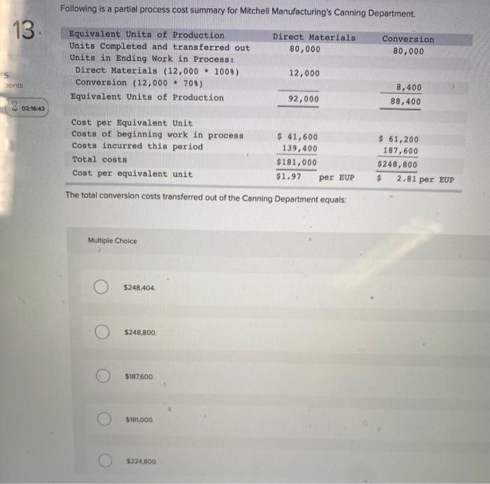 Solved Following is a partial process cost summary for | Chegg.com