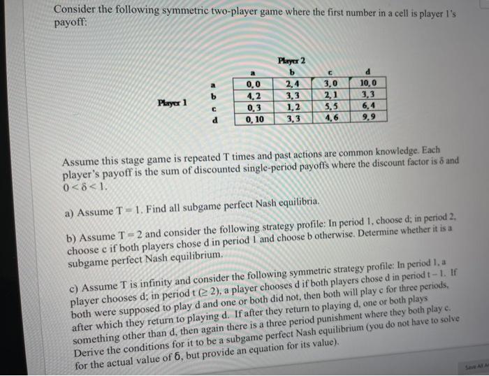 Solved Consider the following symmetric two-player game | Chegg.com