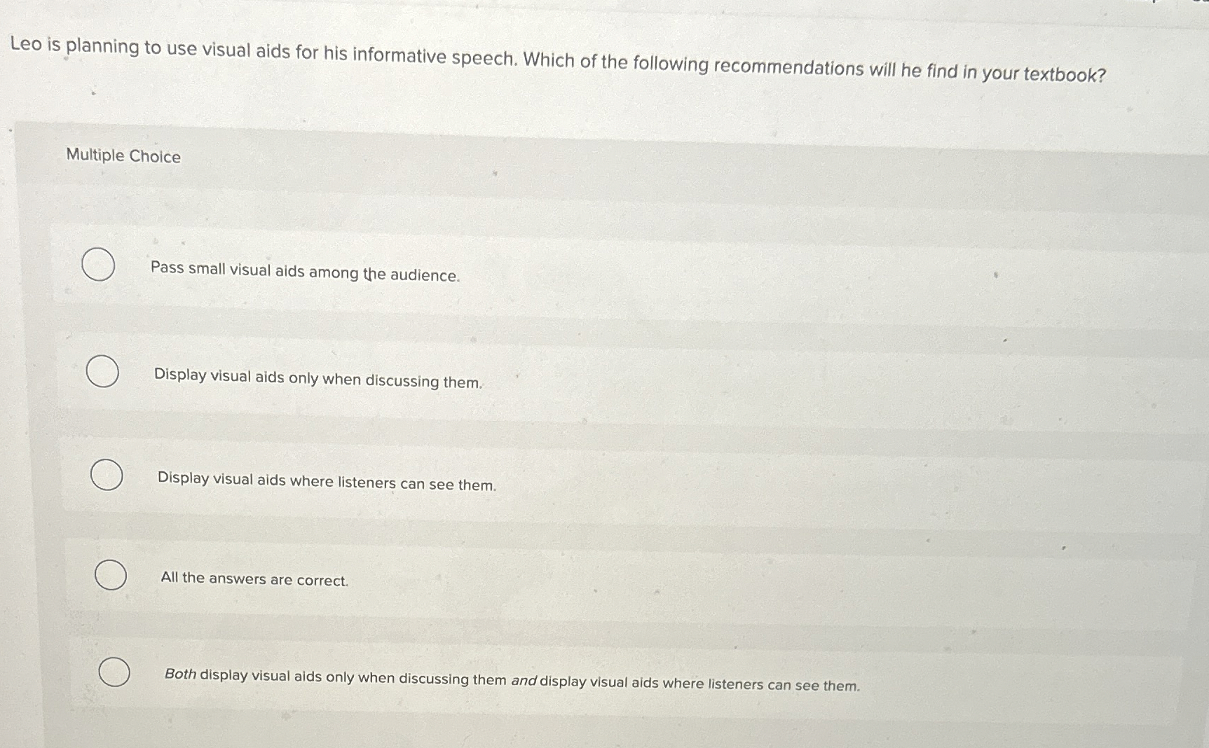 Solved Leo is planning to use visual aids for his | Chegg.com