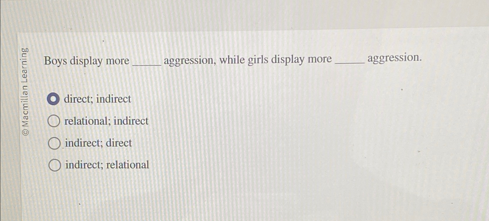 Solved aggression, while girls display more | Chegg.com