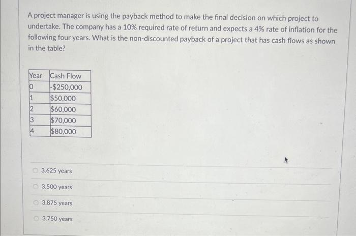 Solved A project manager is using the payback method to make | Chegg.com