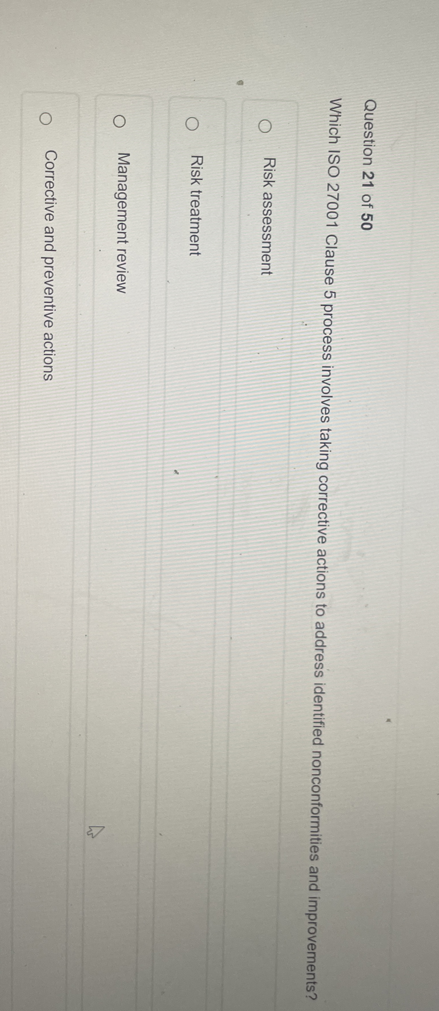 Solved Question 21 of 50Which ISO 27001 Clause 5 process | Chegg.com Solved Question 21 of 50Which ISO 27001 Clause 5 process | Chegg.com
