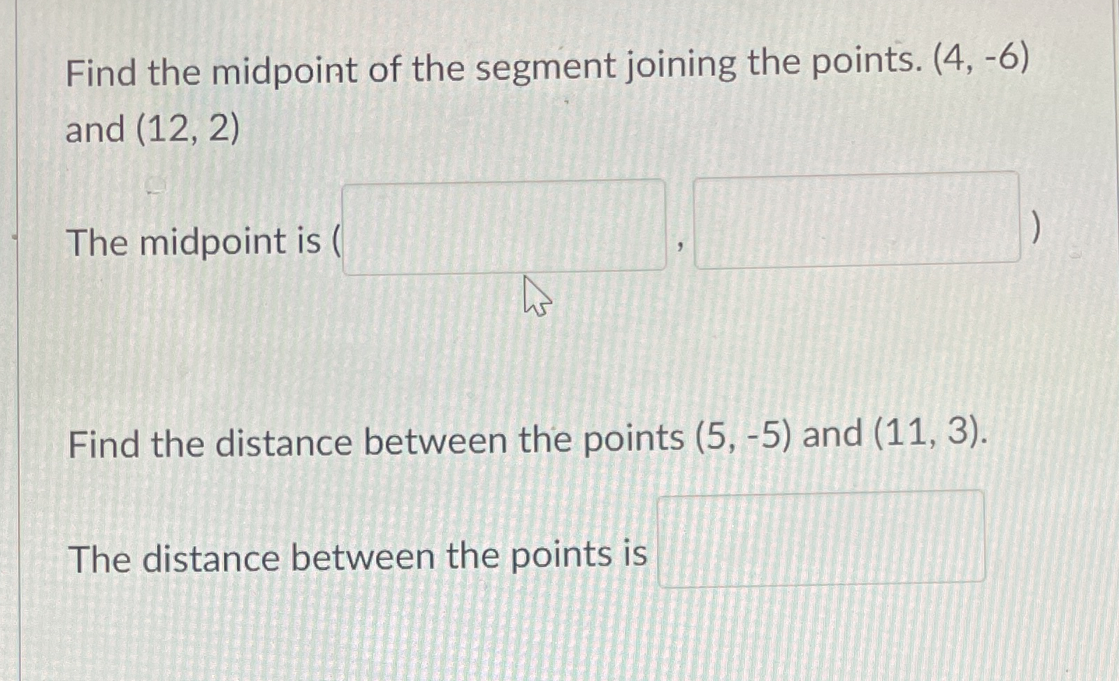 Solved Find the midpoint of the segment joining the points. | Chegg.com