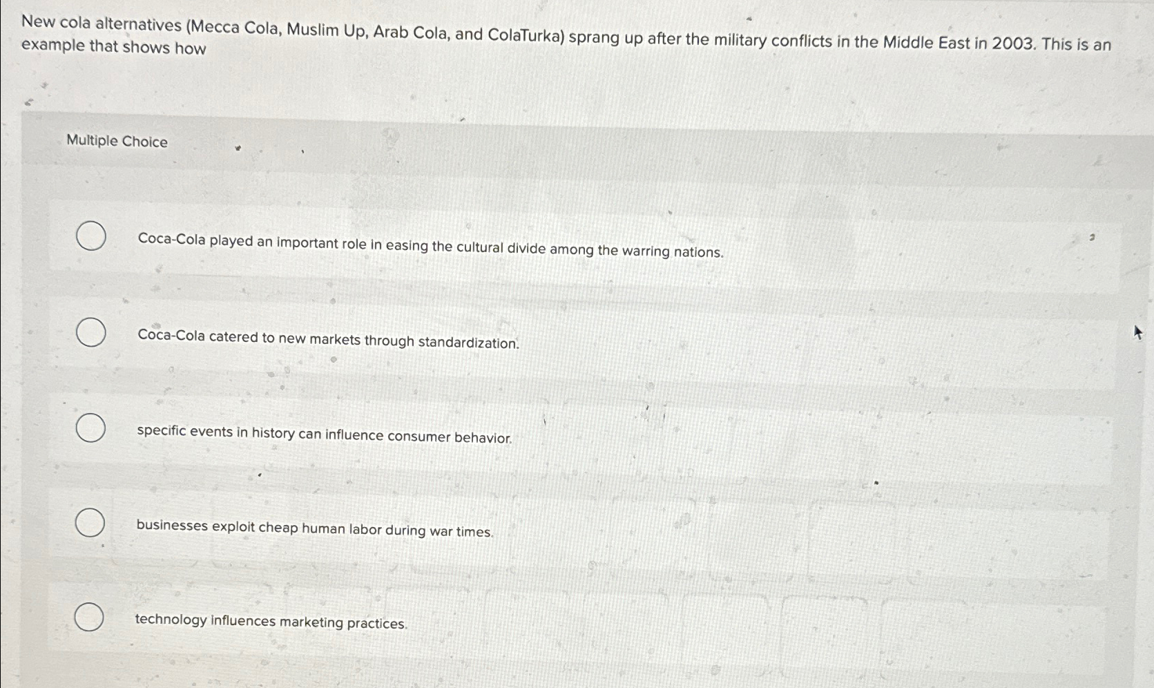 Solved New cola alternatives (Mecca Cola, Muslim Up, ﻿Arab | Chegg.com