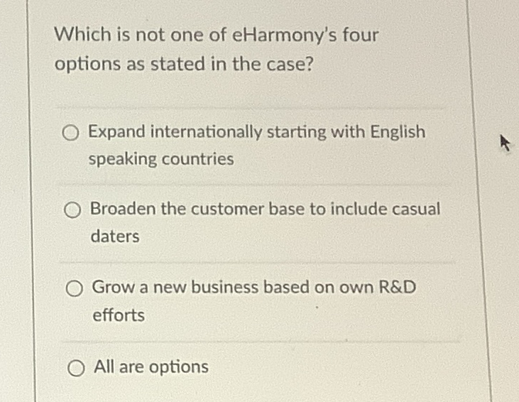 Solved Which is not one of eHarmony's four options as stated | Chegg.com