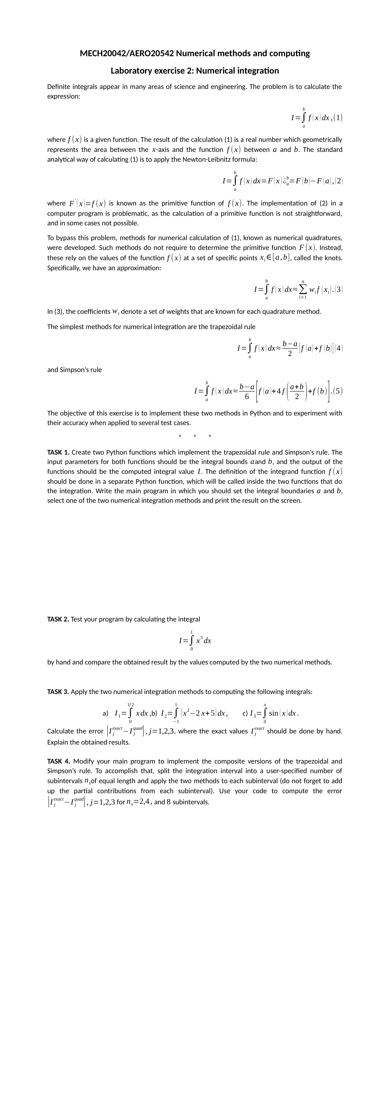 Laboratory exercise 2: Numerical integrationDefinite | Chegg.com