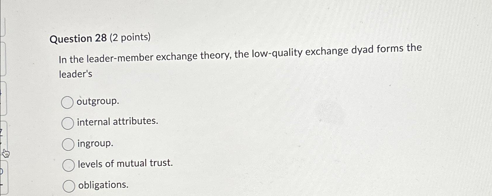 Solved Question 28 (2 ﻿points)In the leader-member exchange | Chegg.com