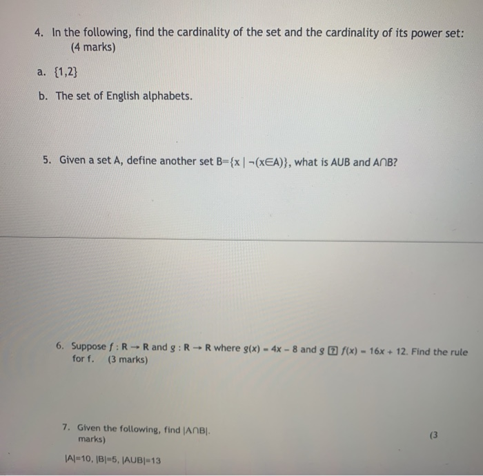 Solved 4. In the following, find the cardinality of the set | Chegg.com
