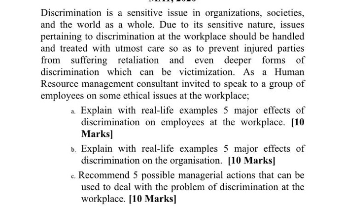 Solved Discrimination is a sensitive issue in organizations, | Chegg.com