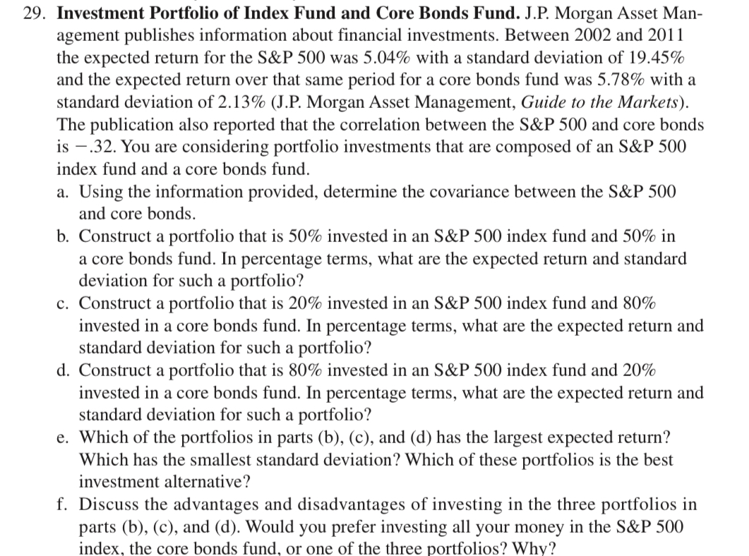 Solved Investment Portfolio of Index Fund and Core Bonds | Chegg.com