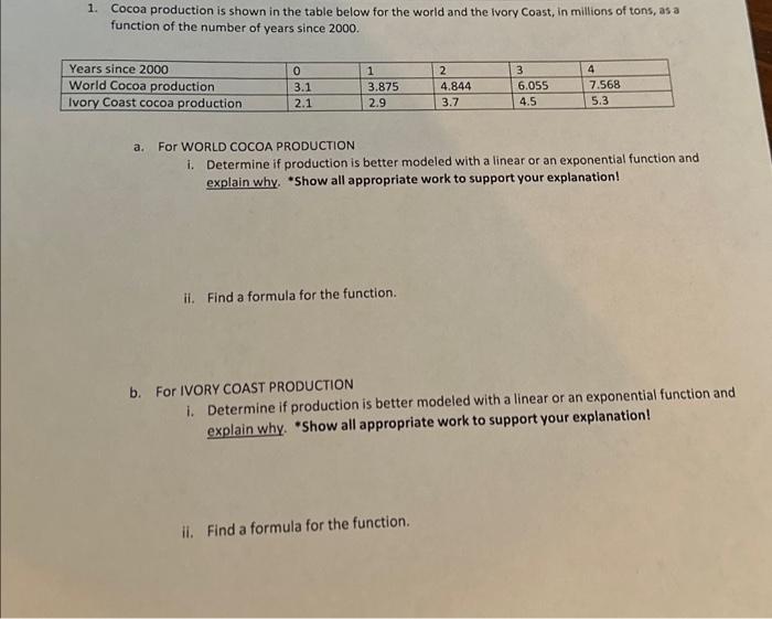 Solved 1. Cocoa production is shown in the table below for | Chegg.com