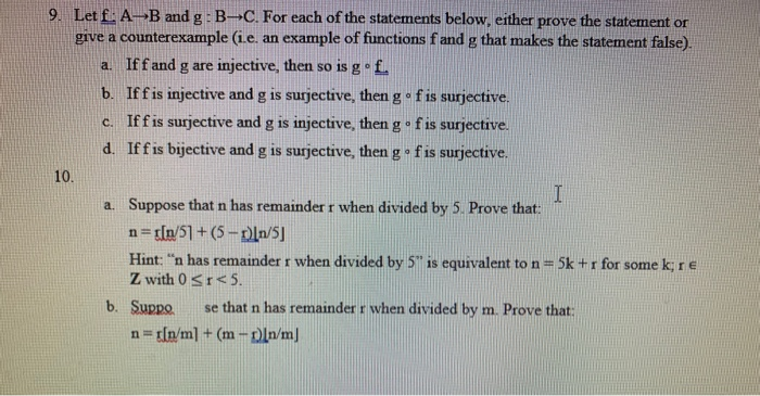 Solved 9 Let f A- B and g: B-C. For each of the statements | Chegg.com