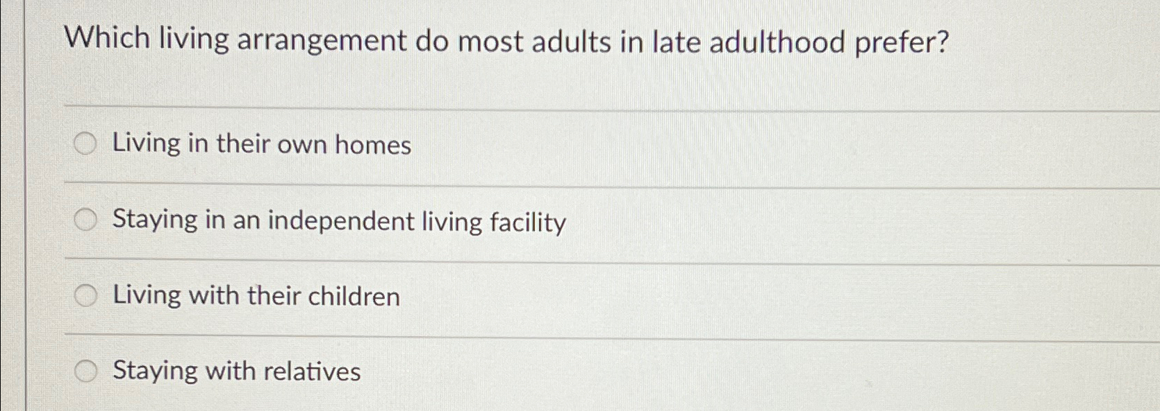 Solved Which living arrangement do most adults in late | Chegg.com