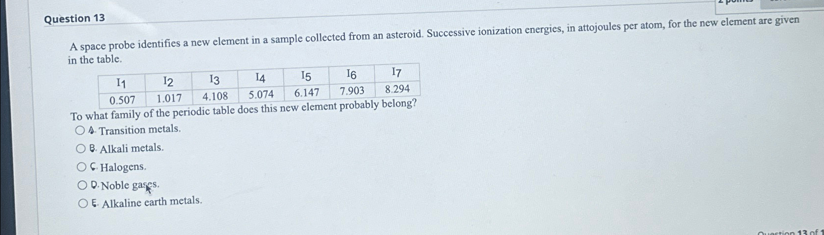 Question 13A space probe identifies a new element in | Chegg.com