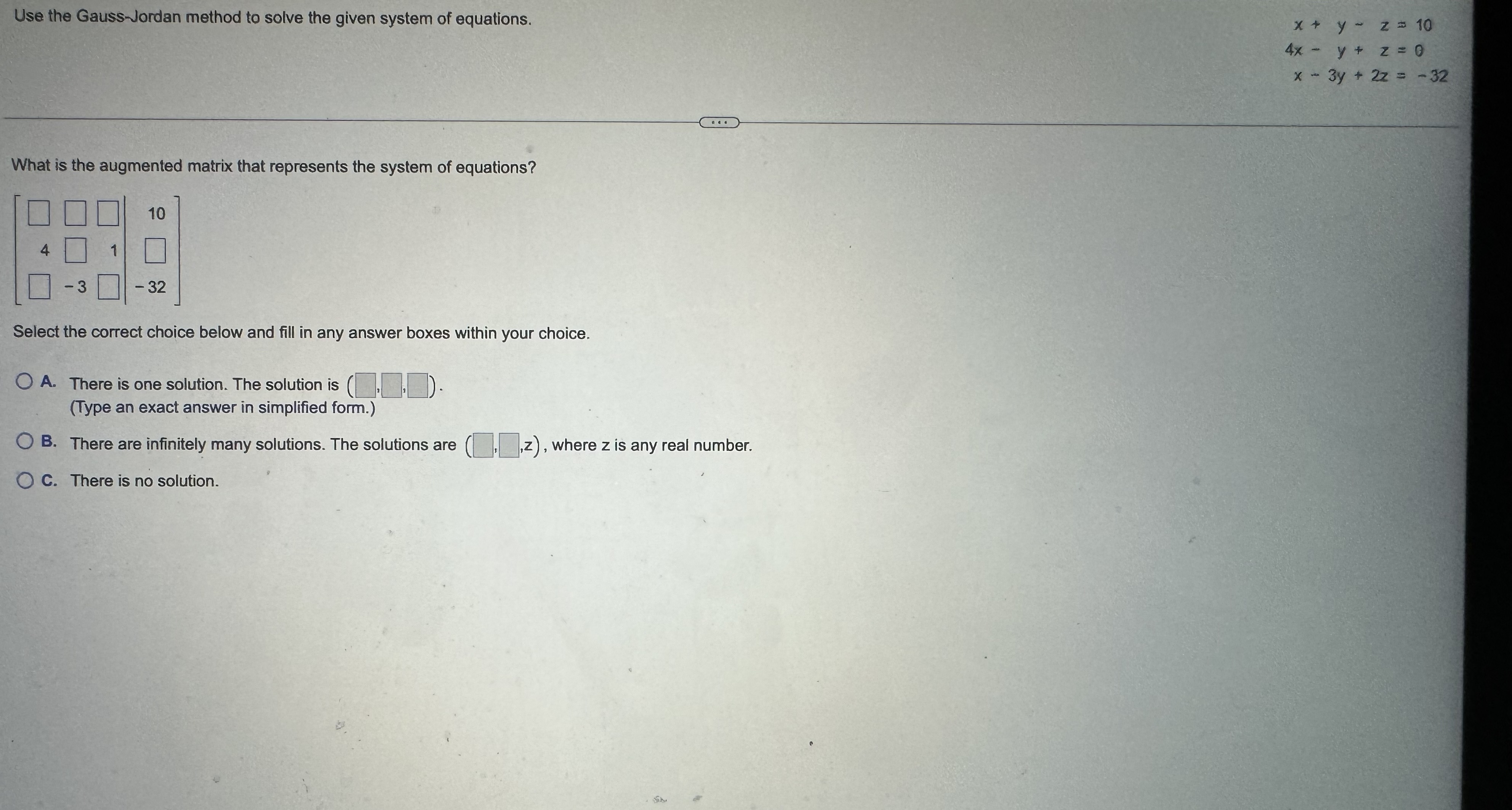 Solved Use the Gauss Jordan method to solve the given system | Chegg.com