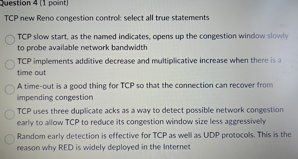 Solved Question 4 1 ﻿pointtcp New Reno Congestion Control 