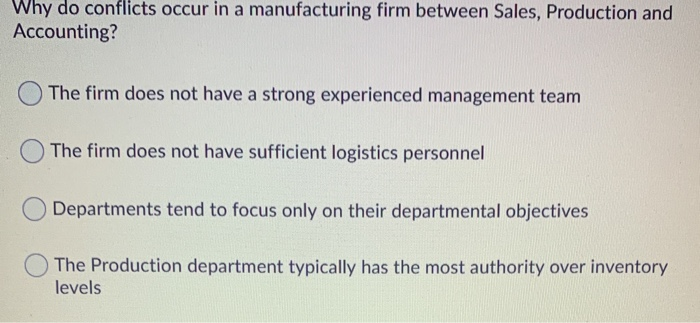 Solved Why do conflicts occur in a manufacturing firm | Chegg.com