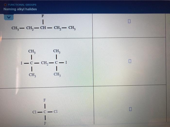 Solved FUNCTIONAL GROUPS Naming alkyl halides F 1 CH, - CH2 | Chegg.com