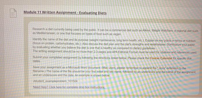 Solved Module 11 Written Assignment - Evaluating Diets | Chegg.com