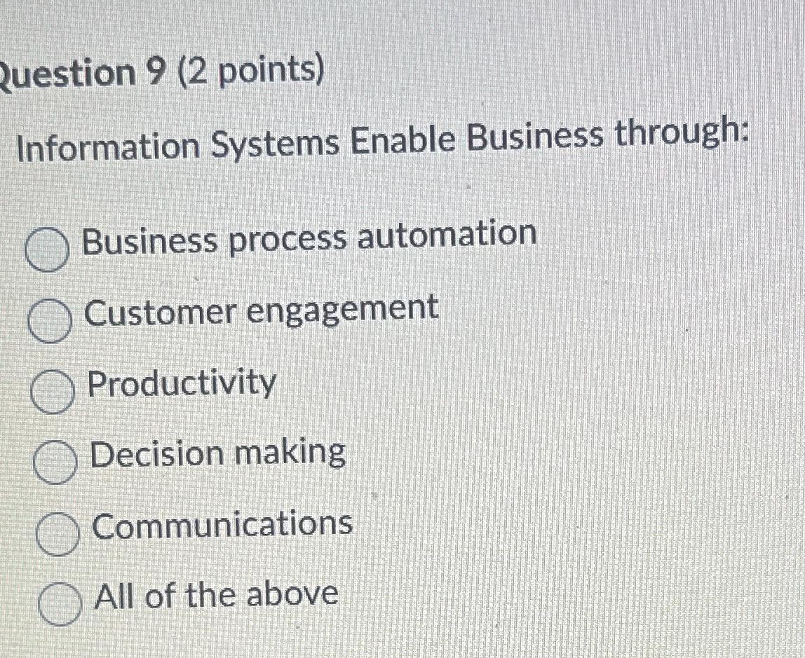 Solved Question 9 ( 2 points)Information Systems Enable | Chegg.com Solved Question 9 ( 2 points)Information Systems Enable | Chegg.com