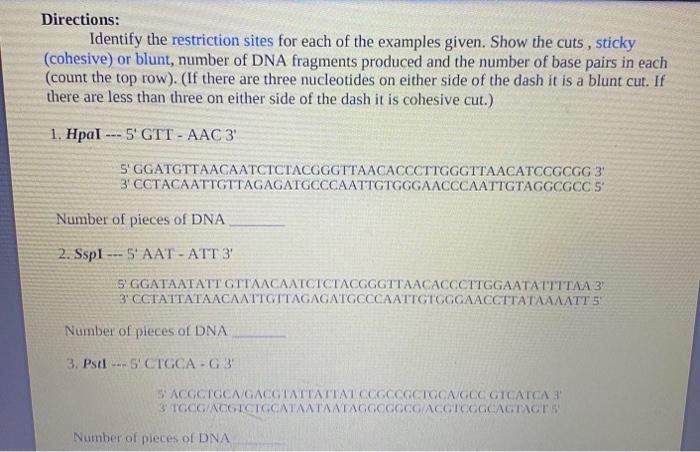 Solved Directions: Identify the restriction sites for each | Chegg.com