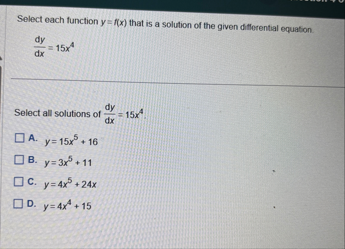Solved Select each function y=f(x) ﻿that is a solution of | Chegg.com