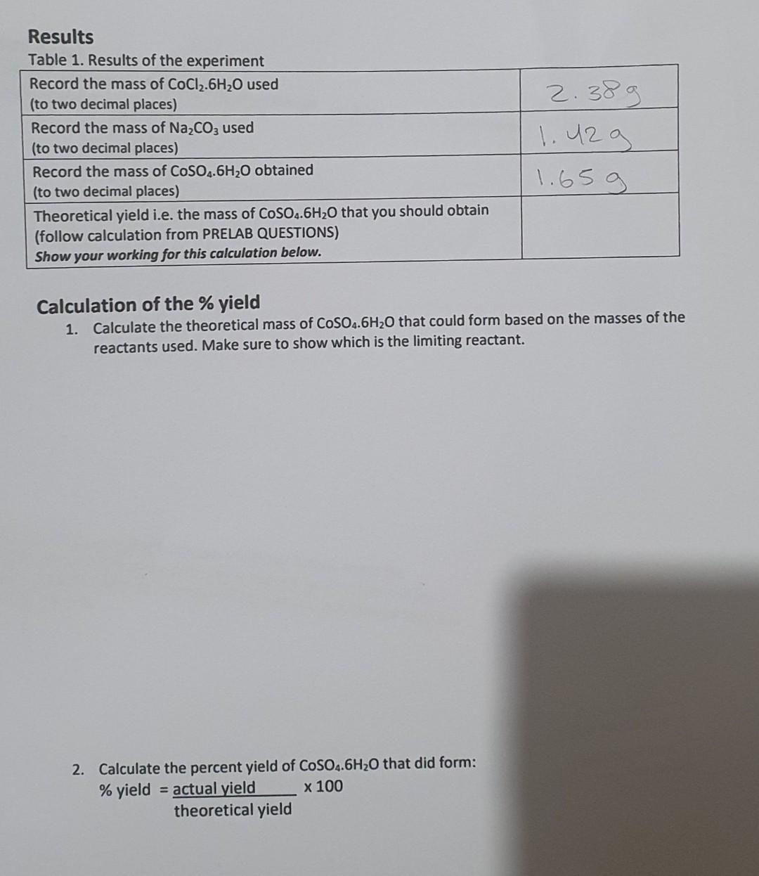 Calculation of the % yield 1. Calculate the | Chegg.com