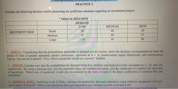 Solved PRACTICE 5 Consider the following decision matrix | Chegg.com