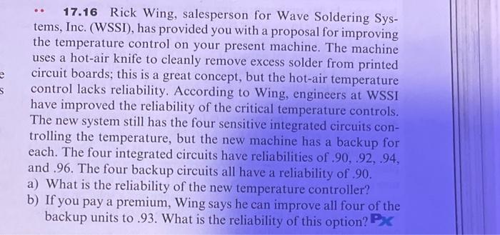 Solved -. 17.16 Rick Wing, salesperson for Wave Soldering | Chegg.com