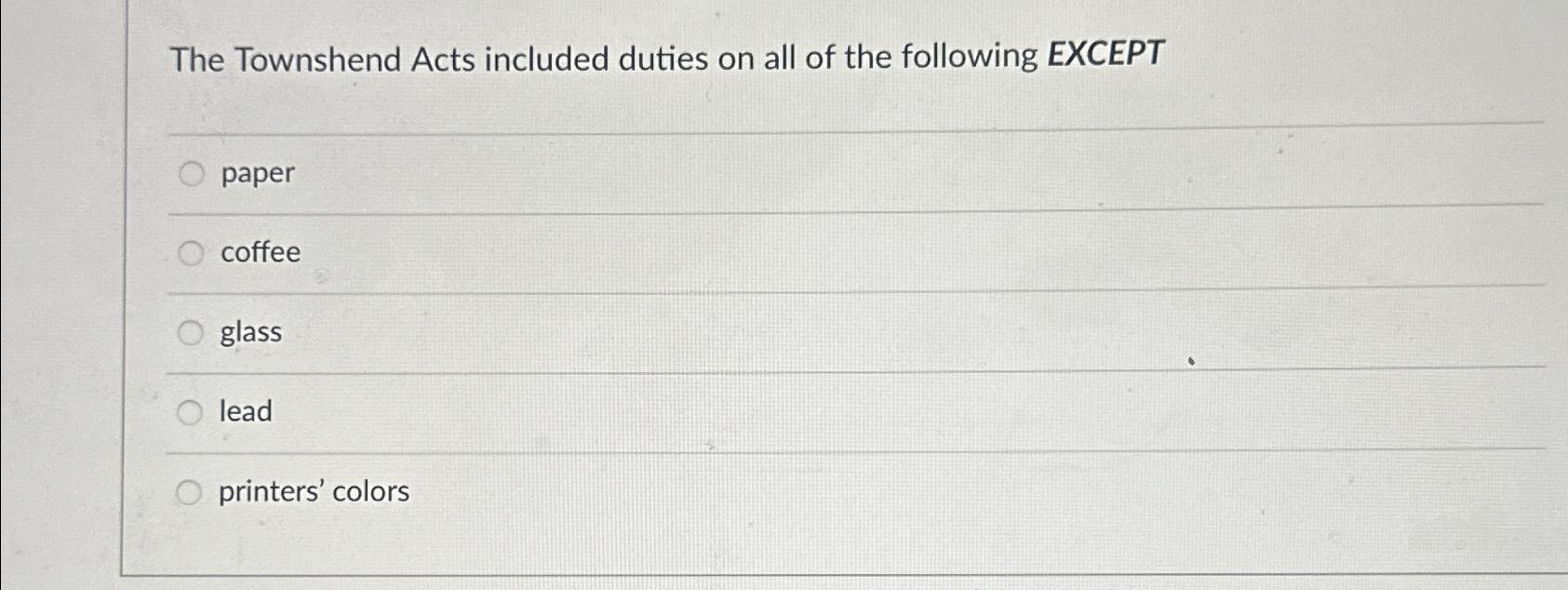 Solved The Townshend Acts included duties on all of the | Chegg.com