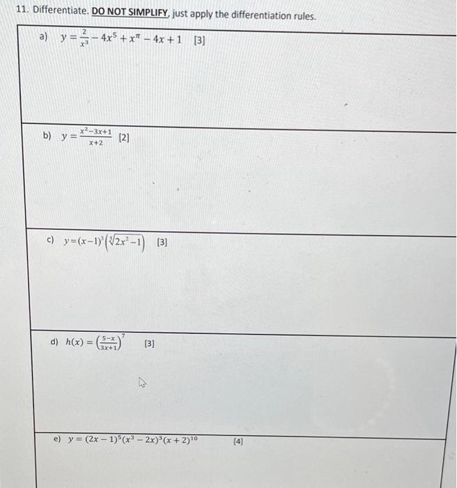 Solved 11. Differentiate. DO NOT SIMPLIFY just apply the | Chegg.com