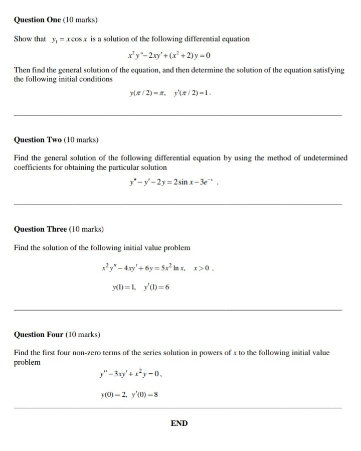 Solved Question One (10 marks) Show that y = x cos x is a | Chegg.com