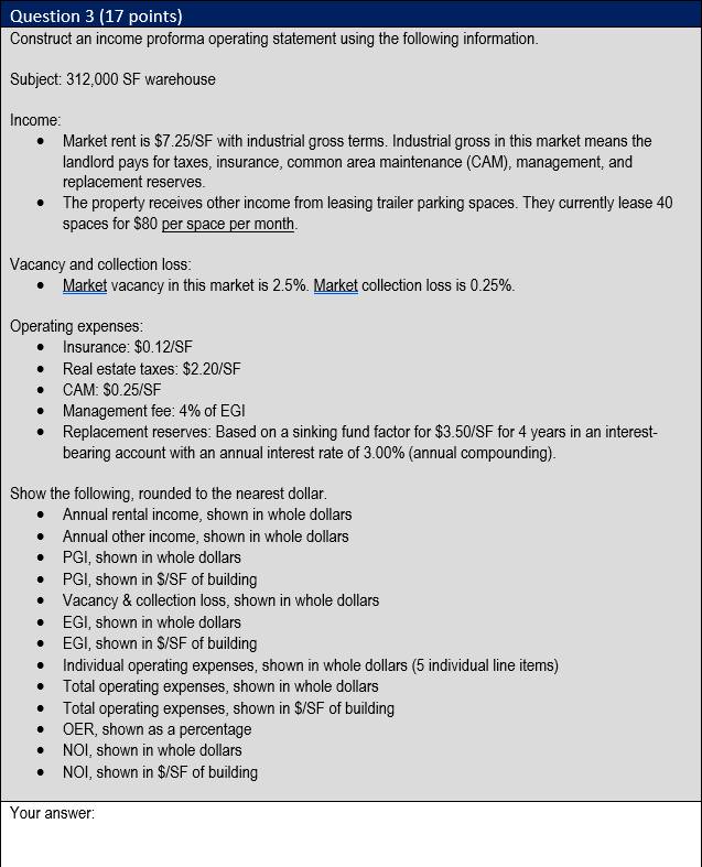 Solved Question 3 (17 ﻿points)Construct an income proforma | Chegg.com