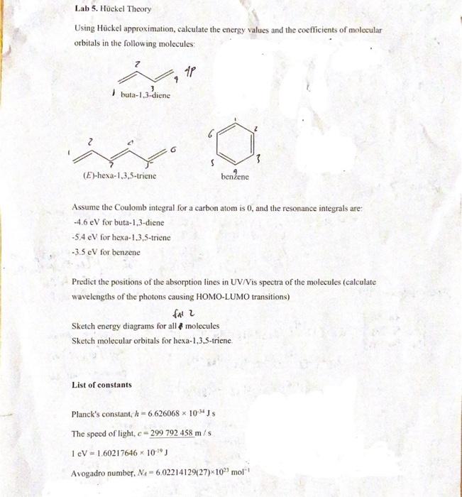 Solved Lab 5. Hùckel Theory Using Hückel approximation, | Chegg.com