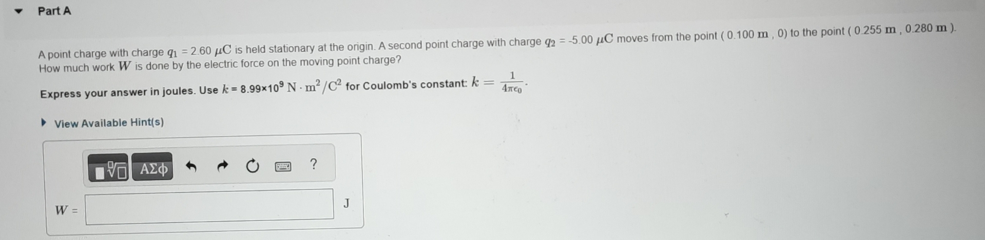 Solved Part AA point charge with charge q1=2.60μC ﻿is held | Chegg.com
