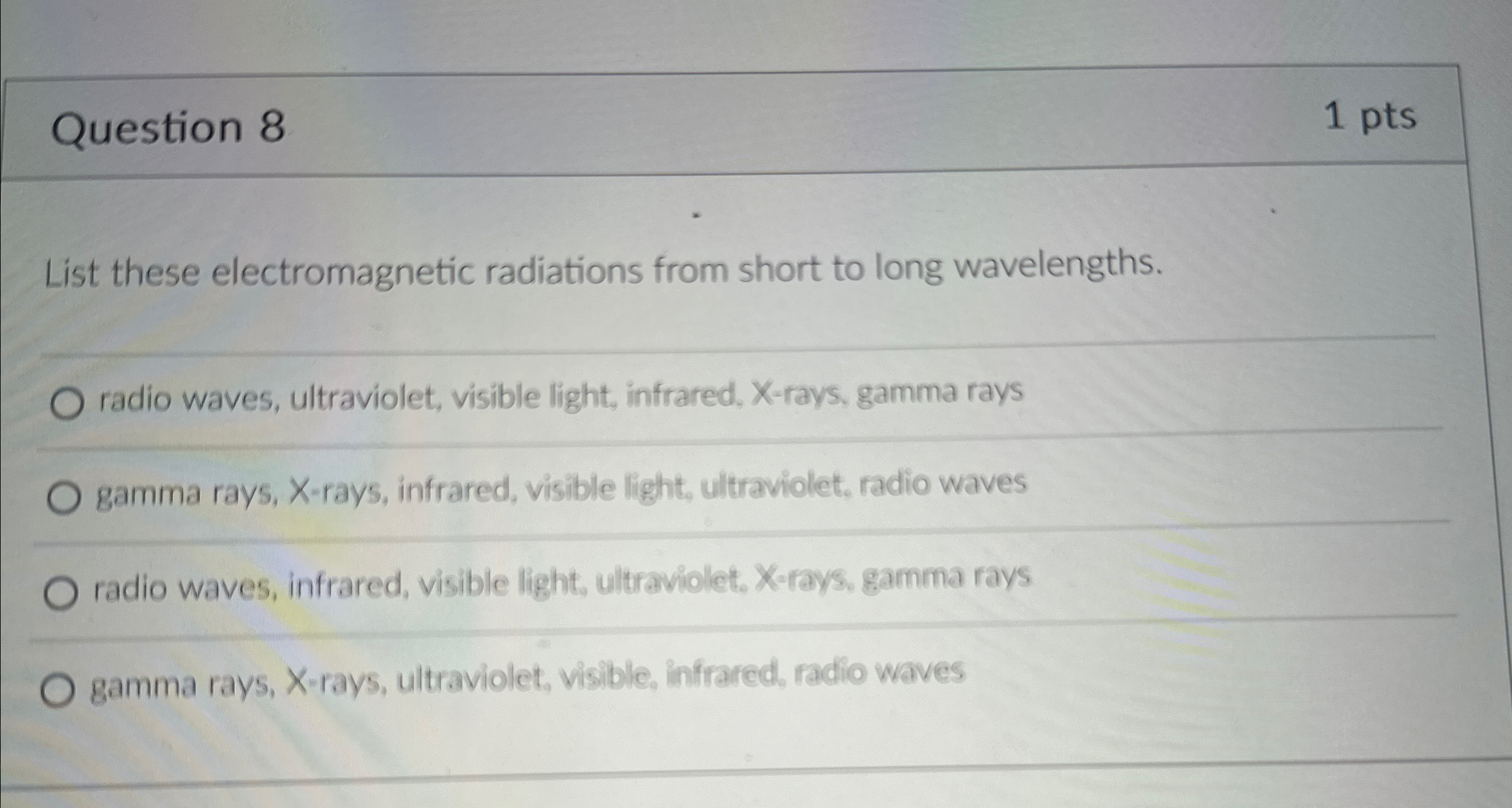 Solved Question 81 ﻿ptsList these electromagnetic radiations | Chegg.com