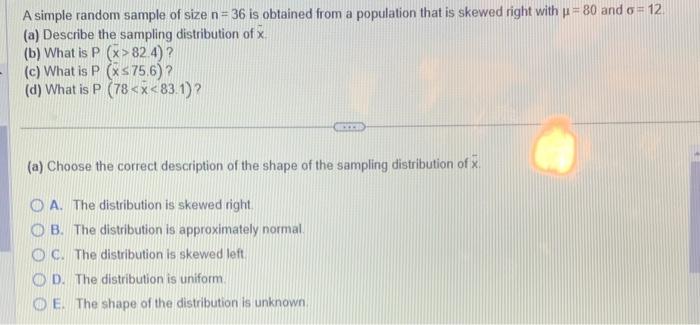 Solved A simple random sample of size n=36 is obtained from | Chegg.com