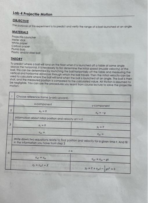Solved Lab 4 Projectile Motion OBJECIIVE The purpose of this | Chegg.com