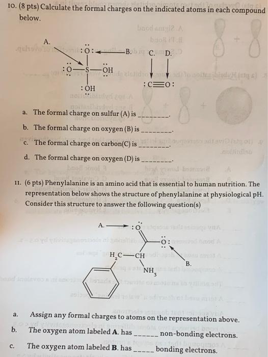 Solved 10. (8 pts) Calculate the formal charges on the | Chegg.com