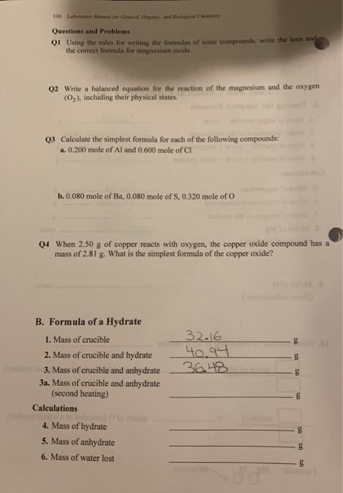 Solved REPORT SHELT LAB Moles and Chemical Formulas 11 A. | Chegg.com
