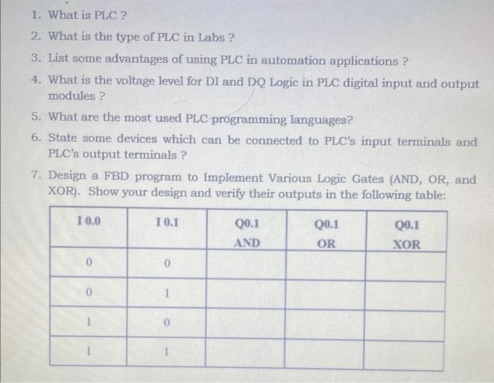 Solved 1. What is PLC? 2. What is the type of PLC in Labs ? | Chegg.com