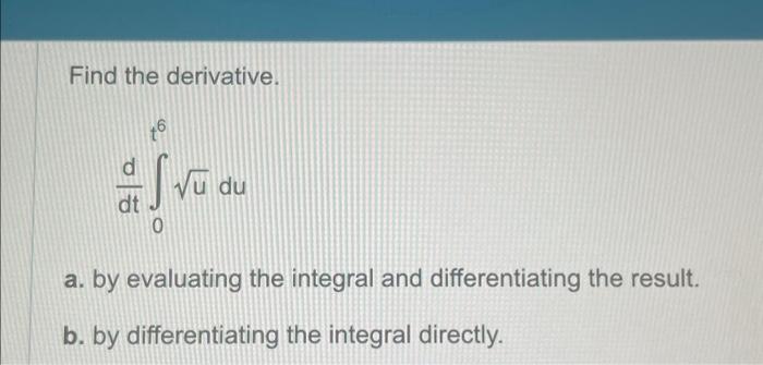 Solved Find the derivative. dtd∫0t6udu a. by evaluating the | Chegg.com