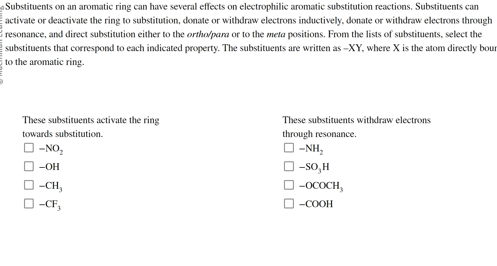 Solved ?0 ﻿Substituents on an ﻿aromatic ring can have | Chegg.com