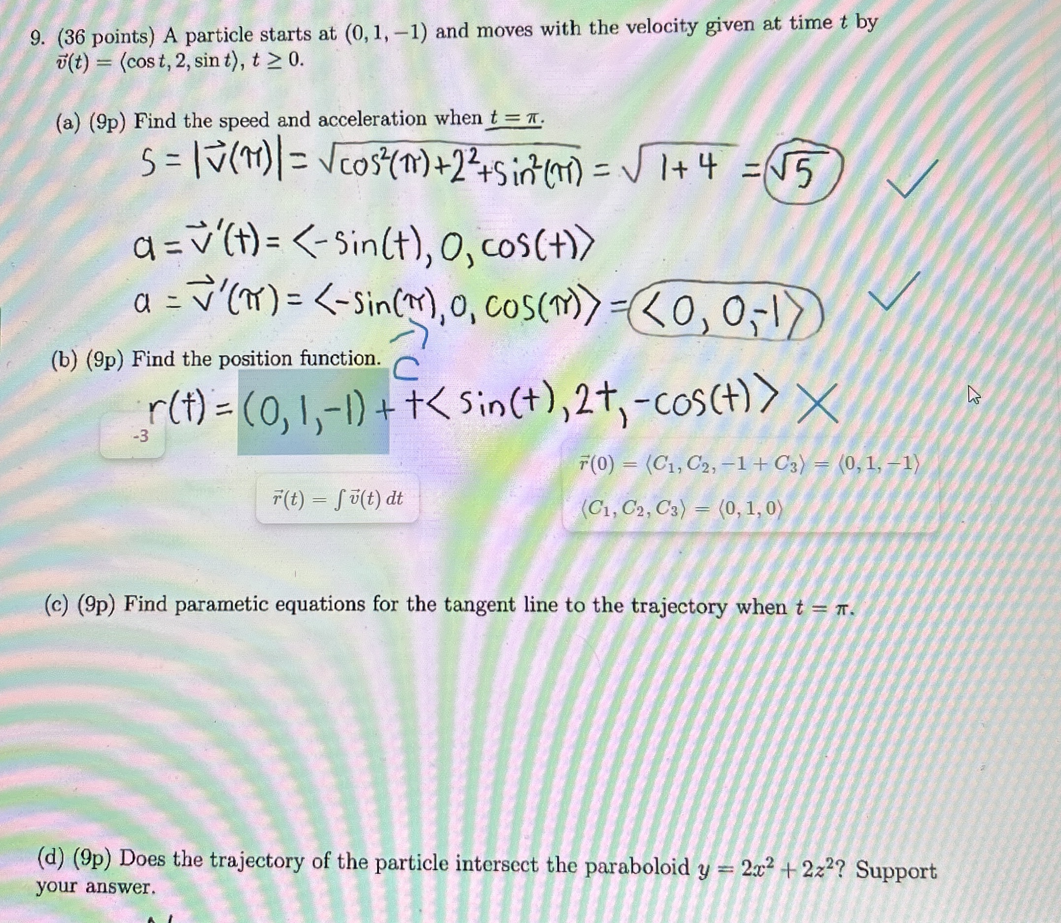 Solved (36 ﻿points) ﻿A particle starts at (0,1,-1) ﻿and | Chegg.com
