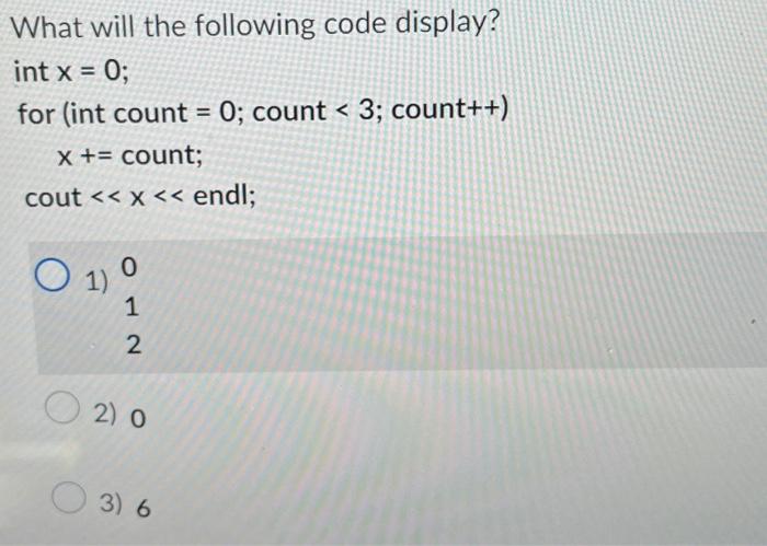Solved What will the following code display? int x=0; for | Chegg.com