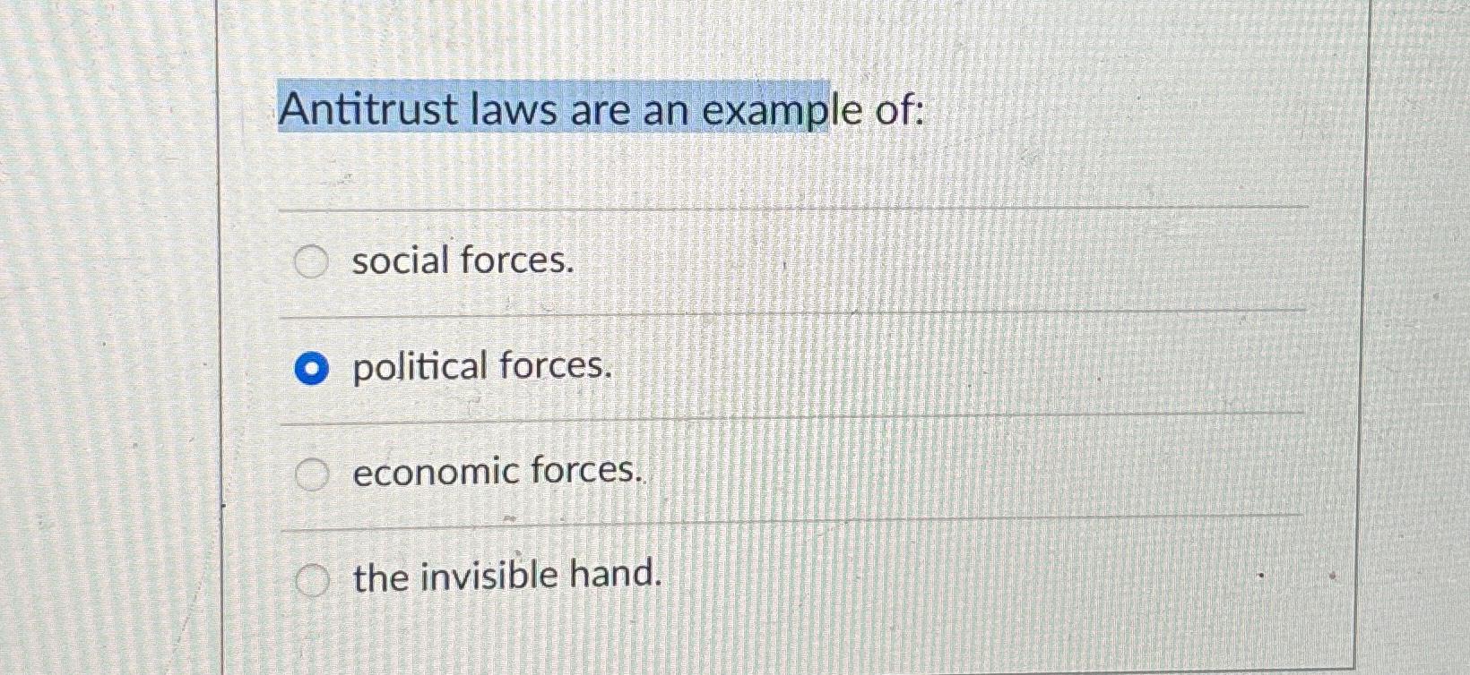 Solved Antitrust laws are an example of:social | Chegg.com