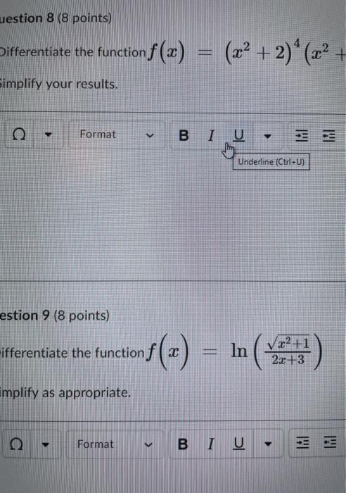 Solved uestion 8 (8 points) Differentiate the function f (2) | Chegg.com Solved uestion 8 (8 points) Differentiate the function f (2) | Chegg.com
